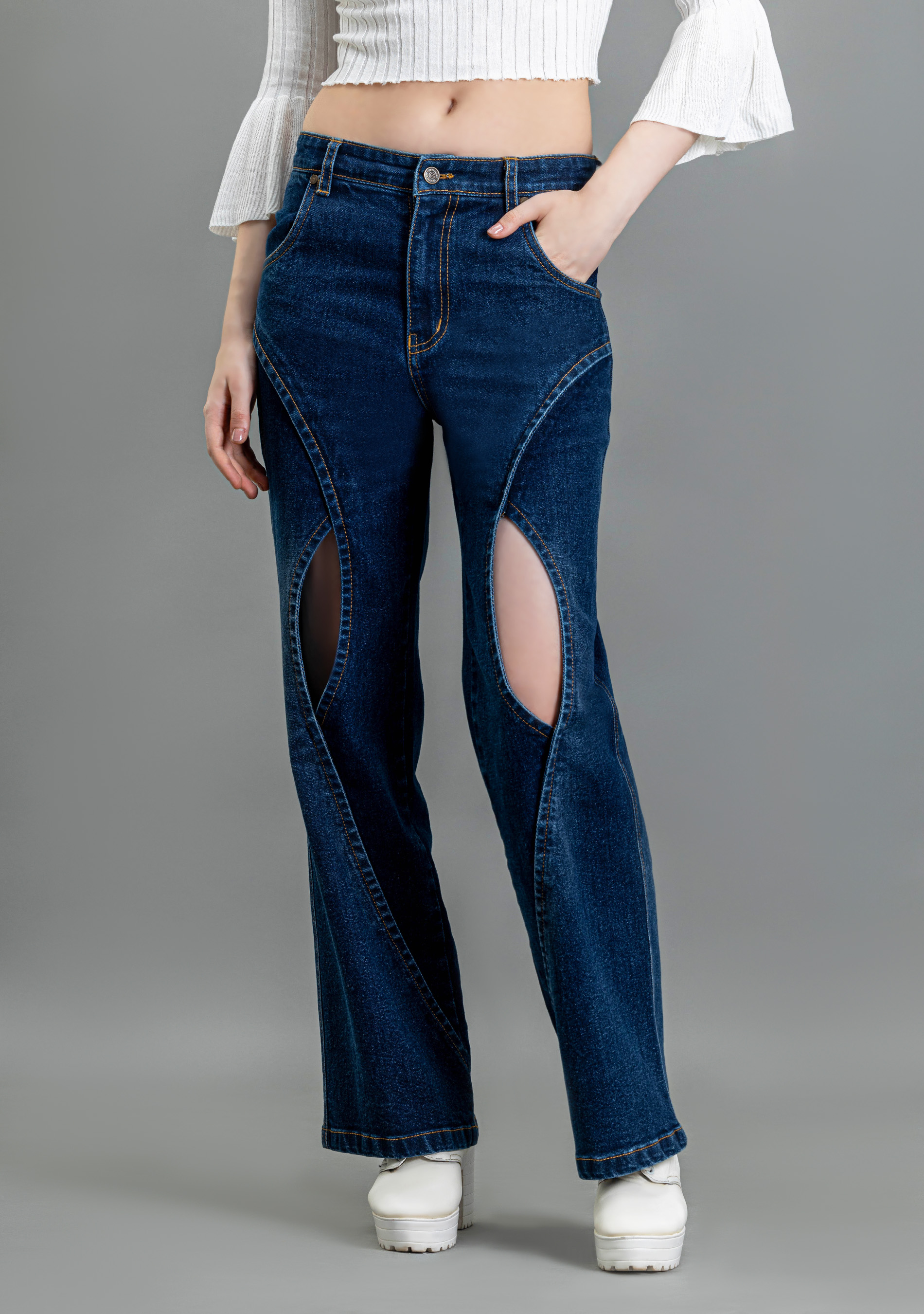 Blue Wide Leg Cross Panel Thigh Open Women's Jeans - Buy Online in ...