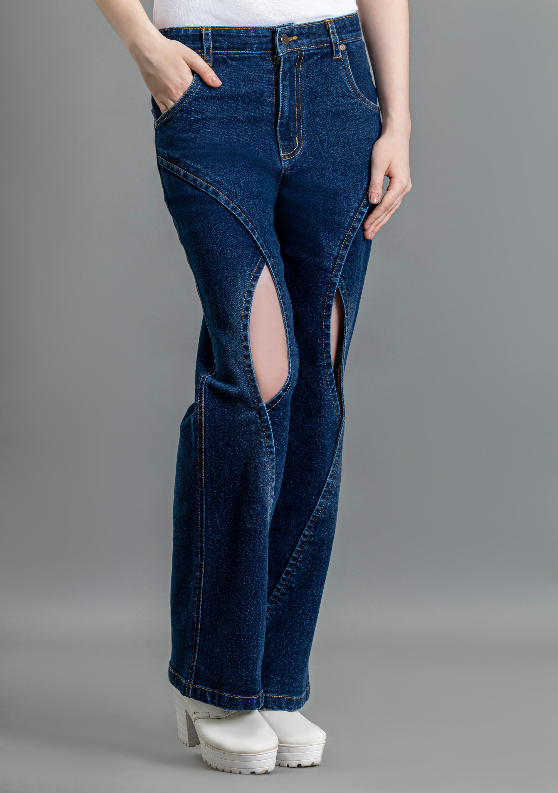 Blue Wide Leg Cross Panel Thigh Open Women's Jeans - Buy Online in ...