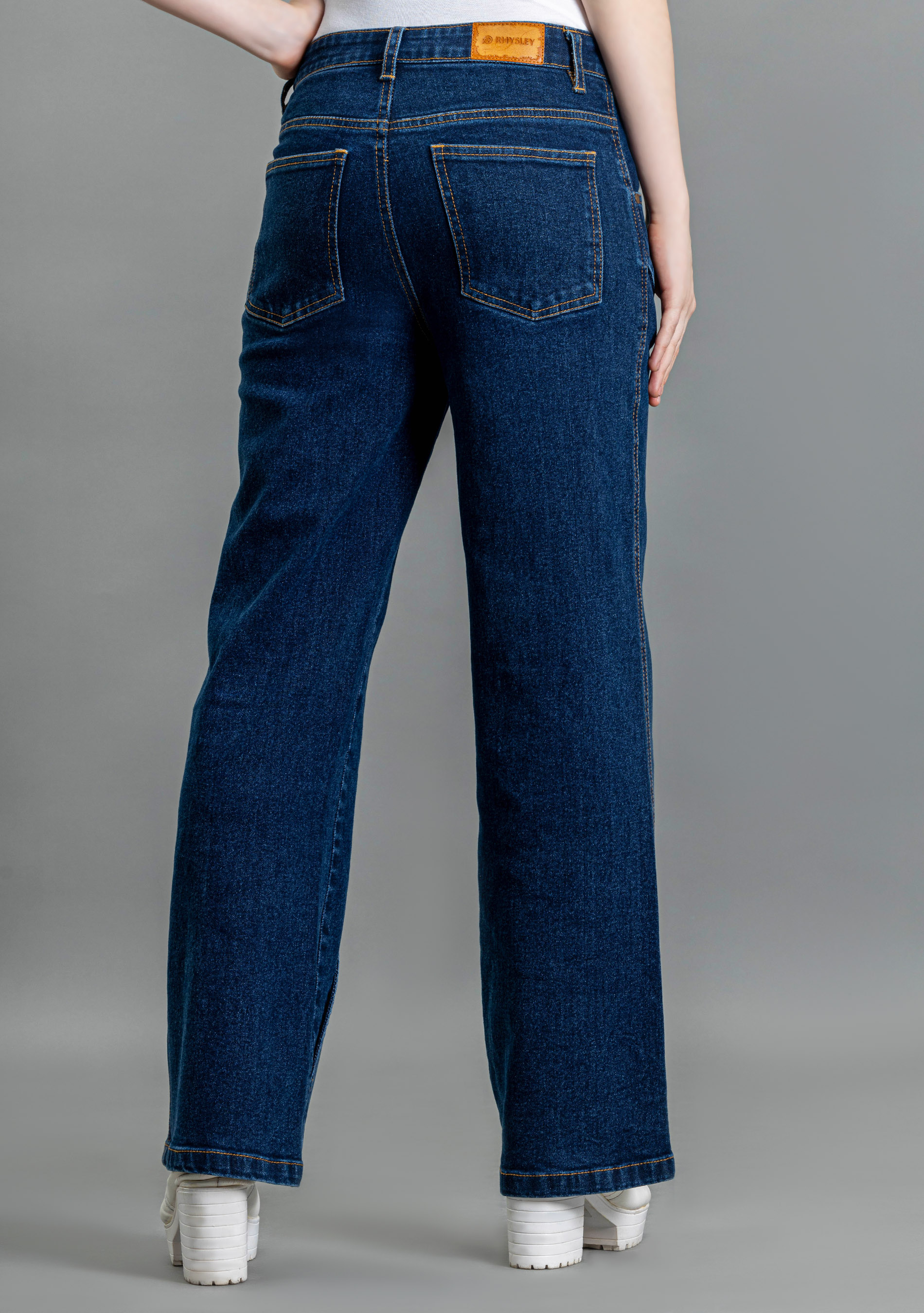 Blue Wide Leg Cross Panel Thigh Open Women's Jeans - Buy Online in ...